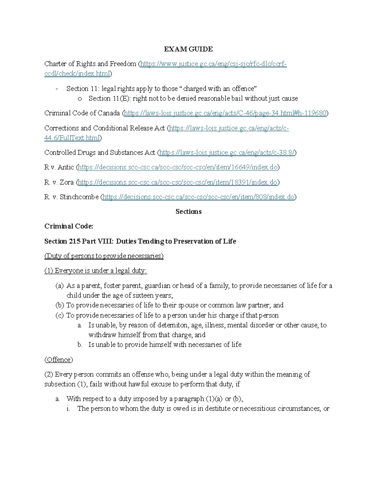 LAWS2301 - Exam Guide: Charter of Rights & Criminal Code Overview - Studocu
