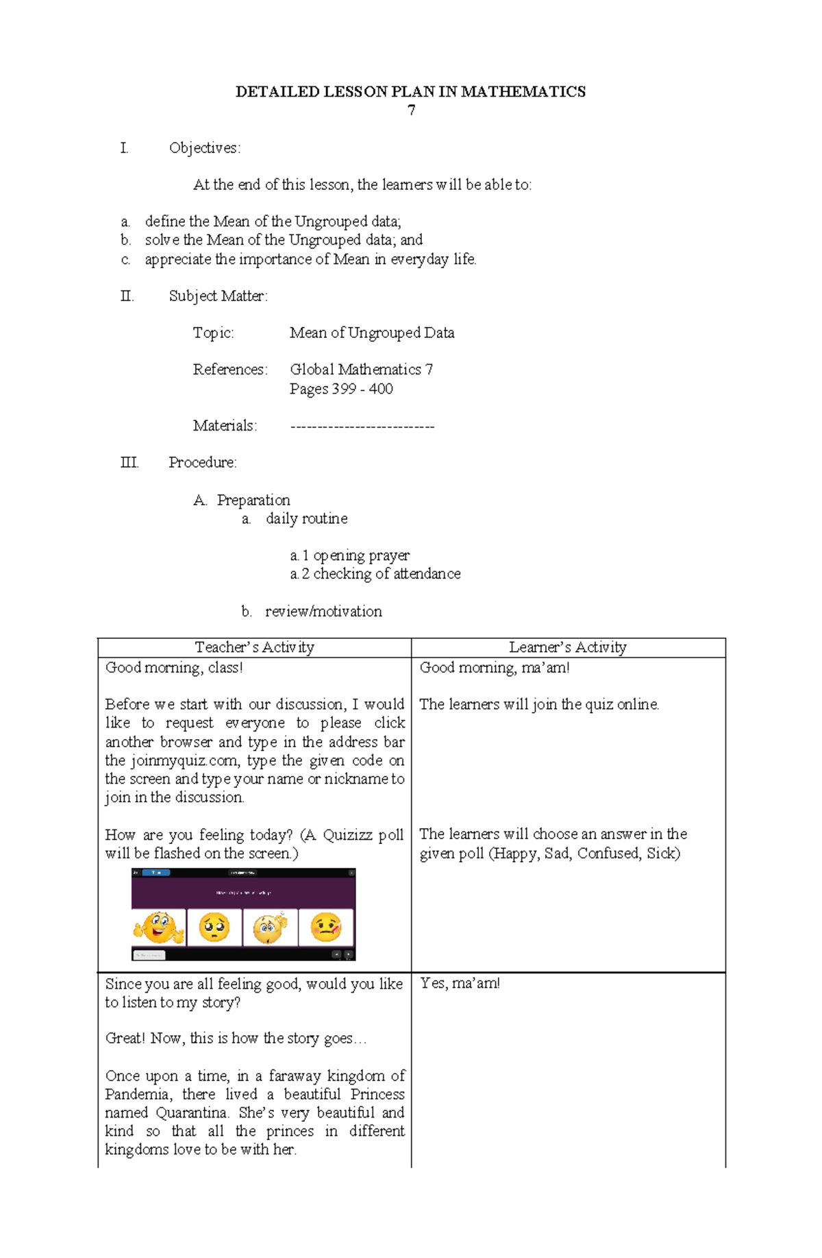 Mathematics 7 Lesson Plan: Mean of Ungrouped Data - Studocu