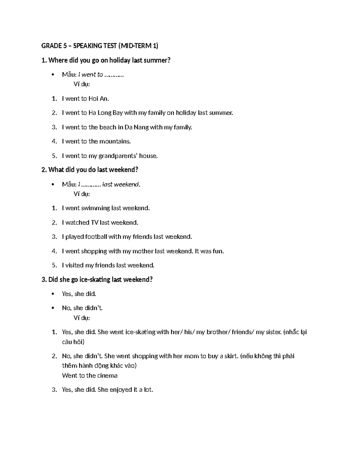 GRADE 5 SPEAKING TEST: Holiday & Weekend Activities - Studocu