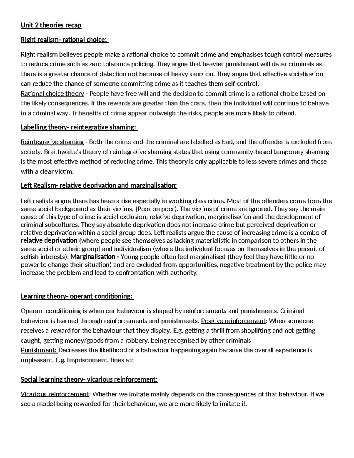 Unit 2 thoeries recap - theories - Unit 2 theories recap Right realism ...