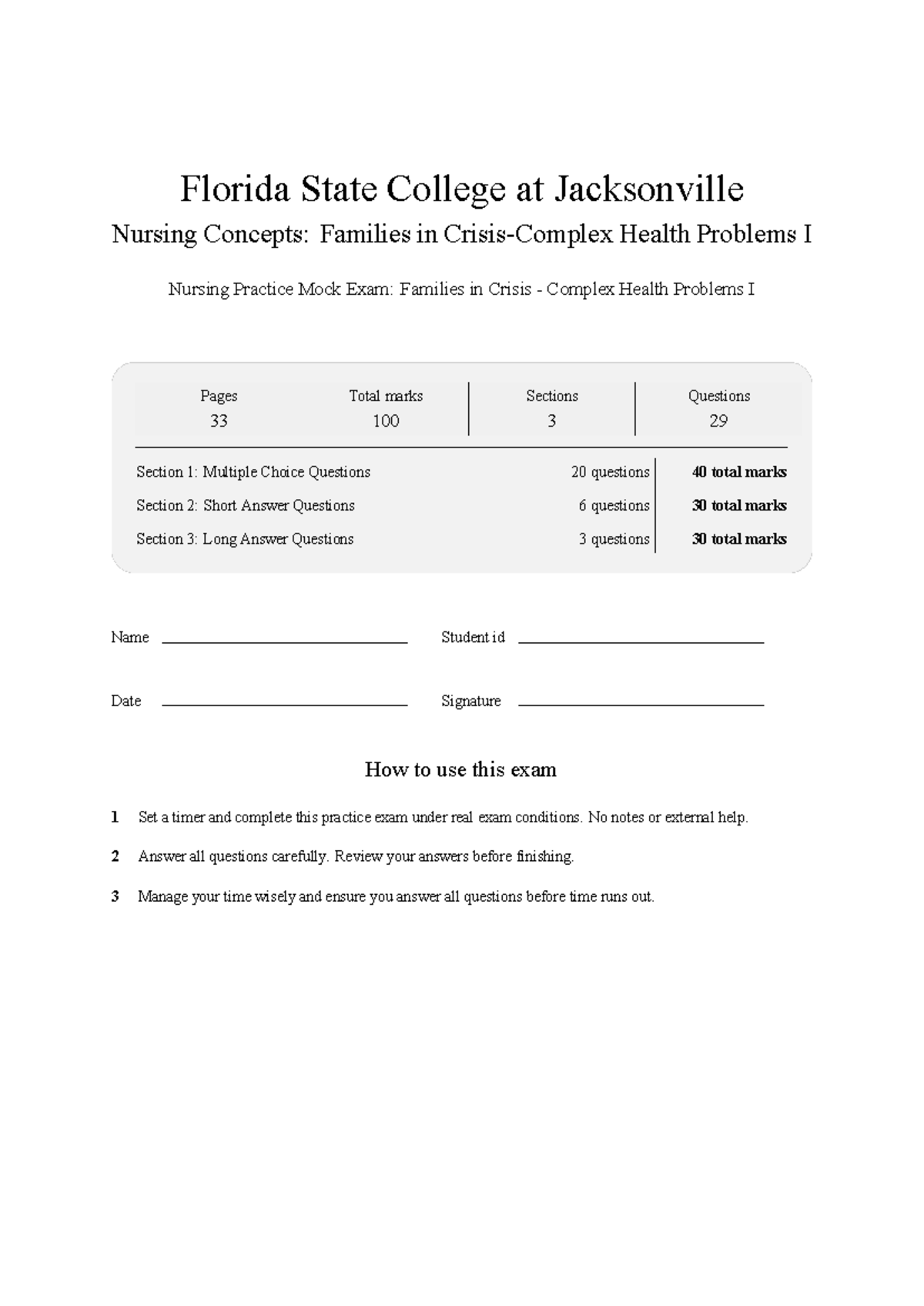 NUR2243C Nursing Concepts: Families in Crisis Mock Exam 2026 - Studocu