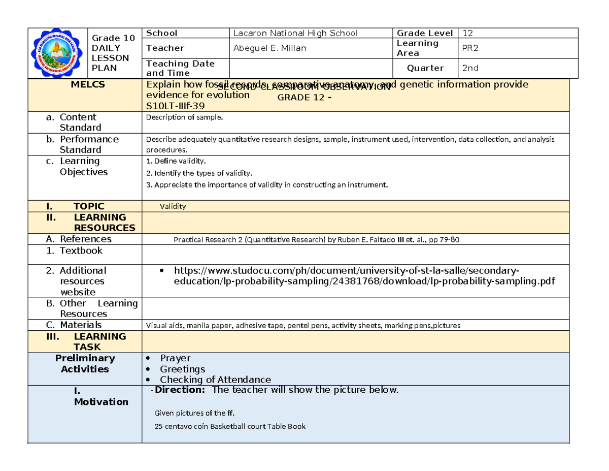 Grade 12 Lesson Plan: Validity in Research - Classroom Observation ...