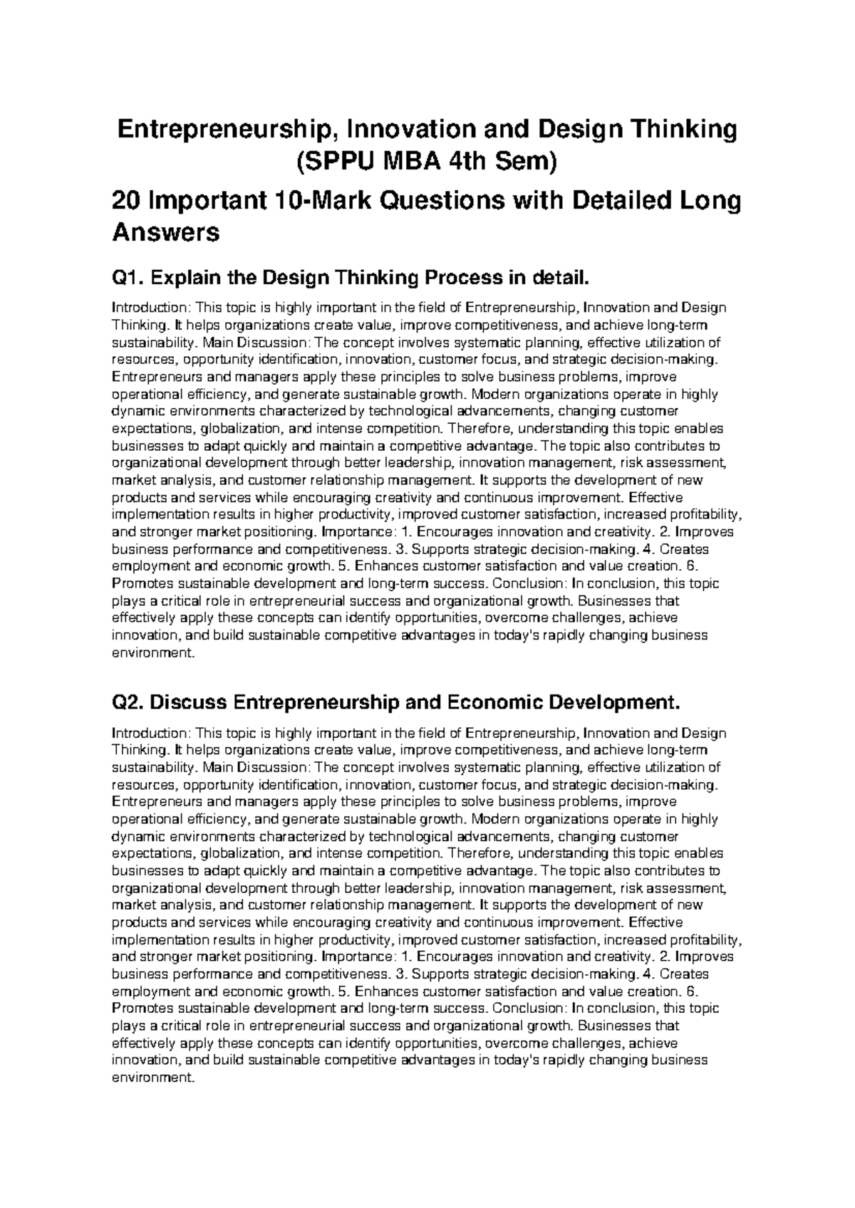 SPPU MBA 4th Sem: 20 Key Long Answer Questions on Entrepreneurship ...