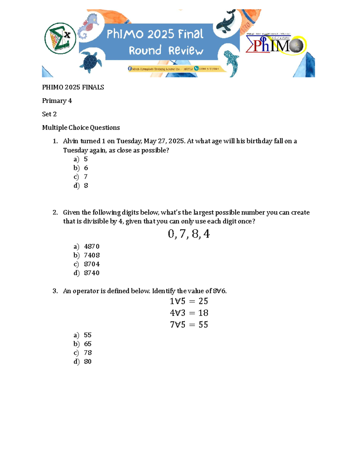 PHIMO 2025 FINALS Primary 4 Set 2 MCQ Questions and Answers - Studocu