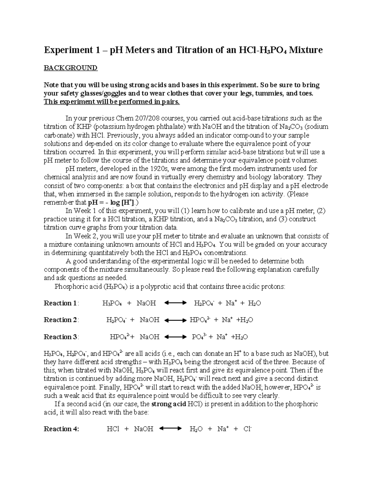 Experiment 1 - Titration of HCl-H3PO4 Using pH Meter Analysis - Studocu
