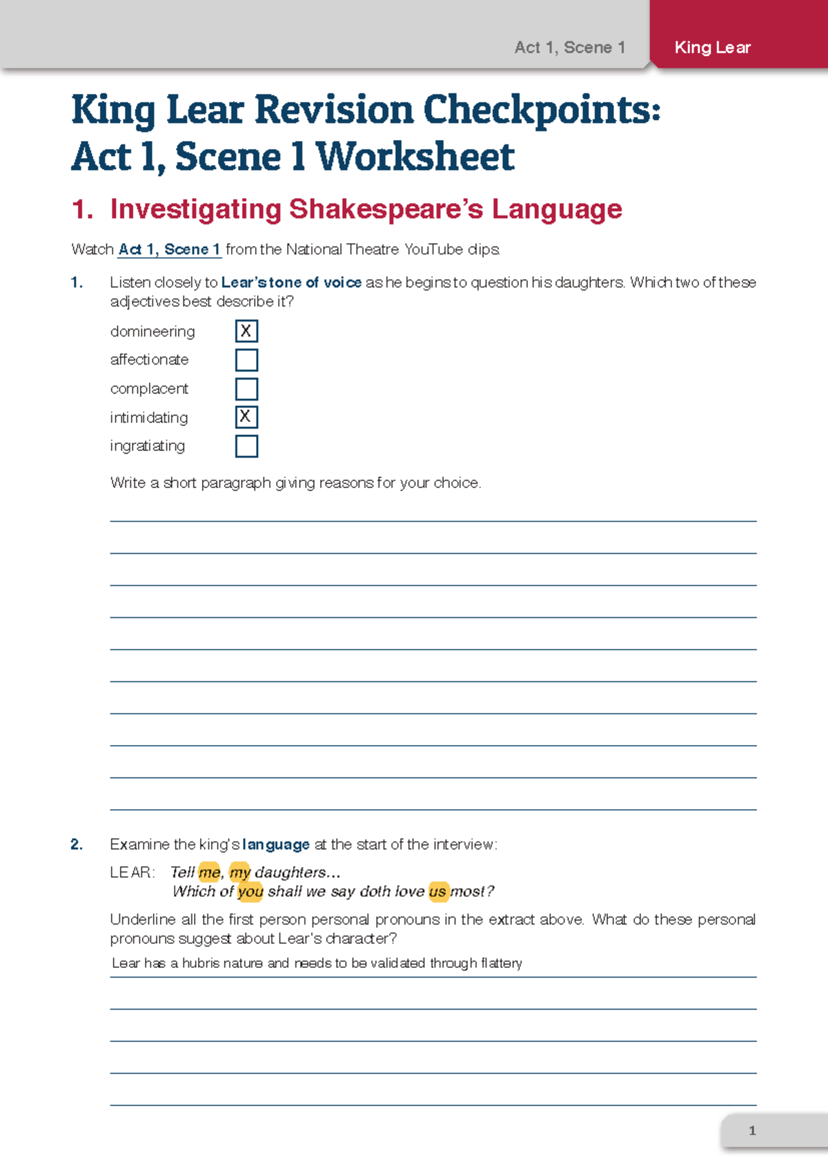 King Lear Revision Checkpoints: Act 1, Scene 1 Analysis Worksheet - Studocu