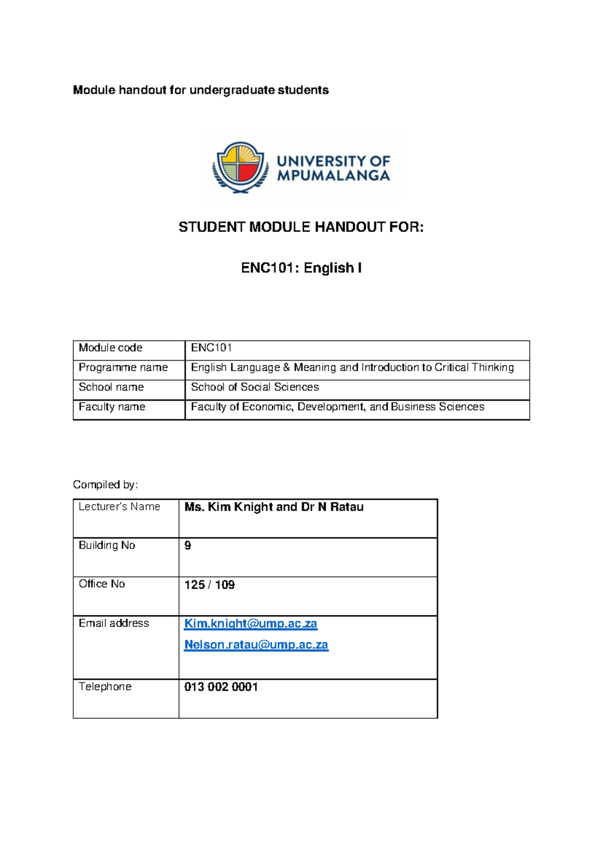 ENC101 2025 Student Module Handout and Course Overview - Studocu