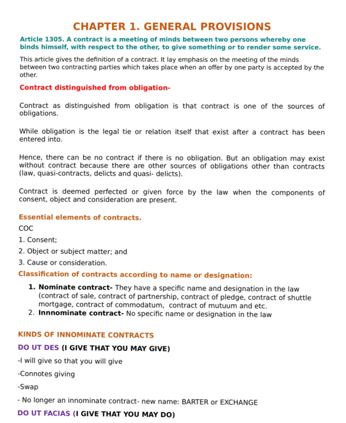 PART-2- Contracts - notes - CHAPTER 1. GENERAL PROVISIONS Article 1305 ...