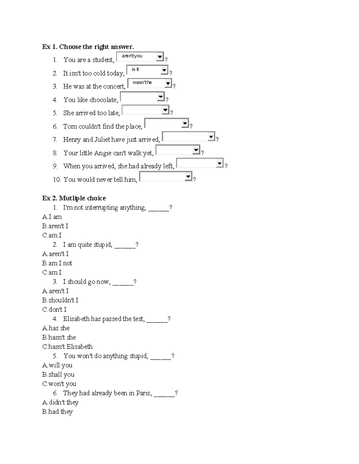 Tag Question Exercise: Answer Key and Multiple Choice (Ex 1 & Ex 2 ...