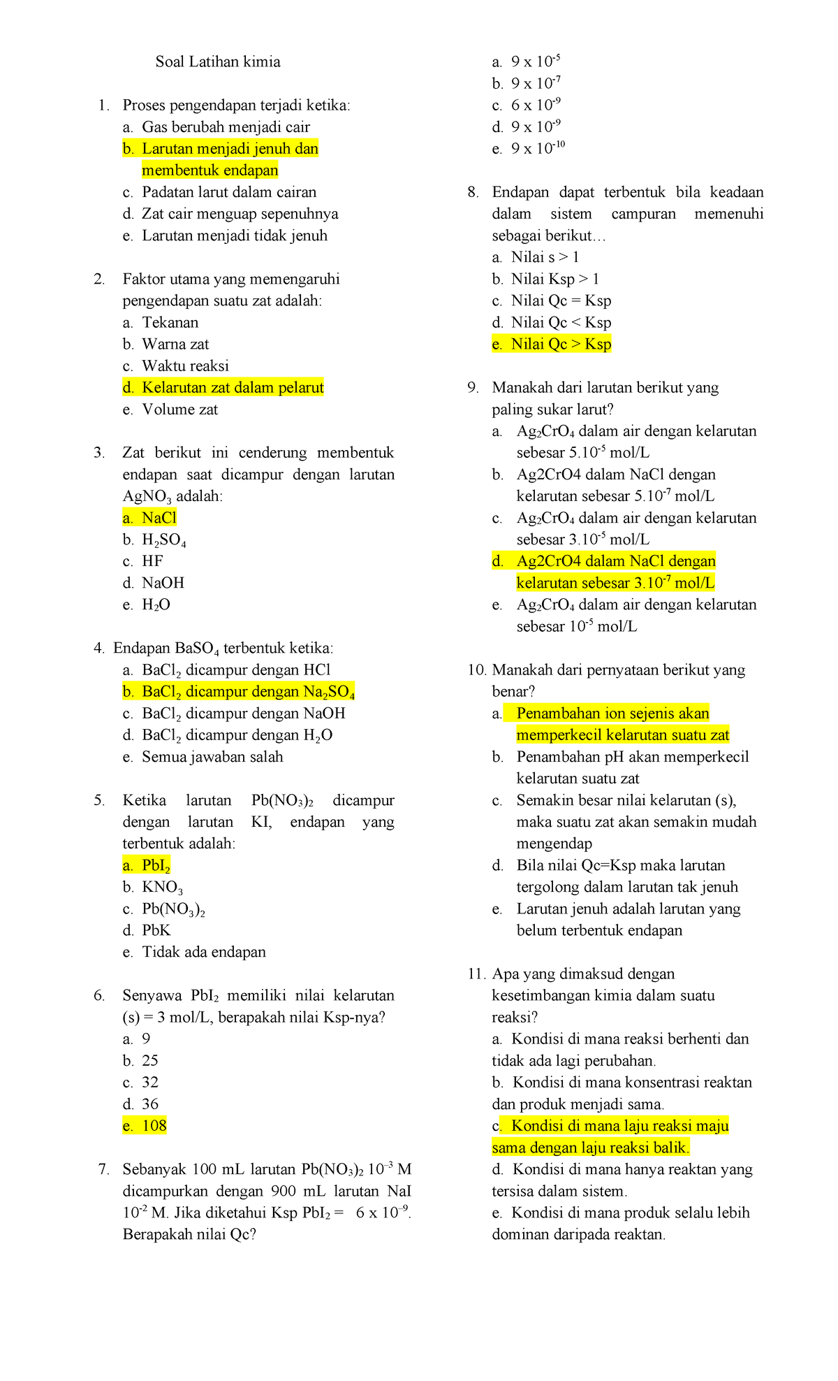 Latsol UAS Kimia SMT 1: Proses Pengendapan dan Kesetimbangan Kimia - Studocu