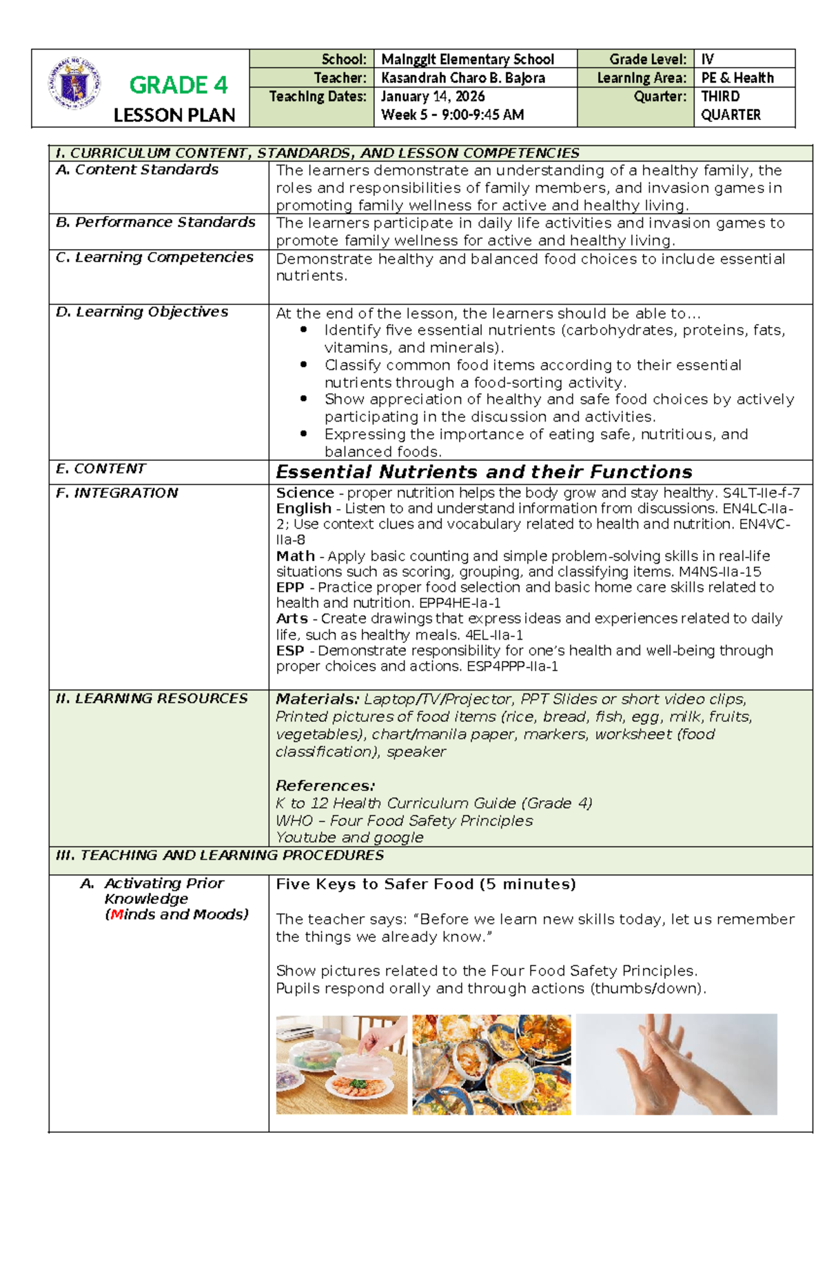 CO-MAPEH-4-Q3-W5-Lesson Plan on Essential Nutrients - Studocu