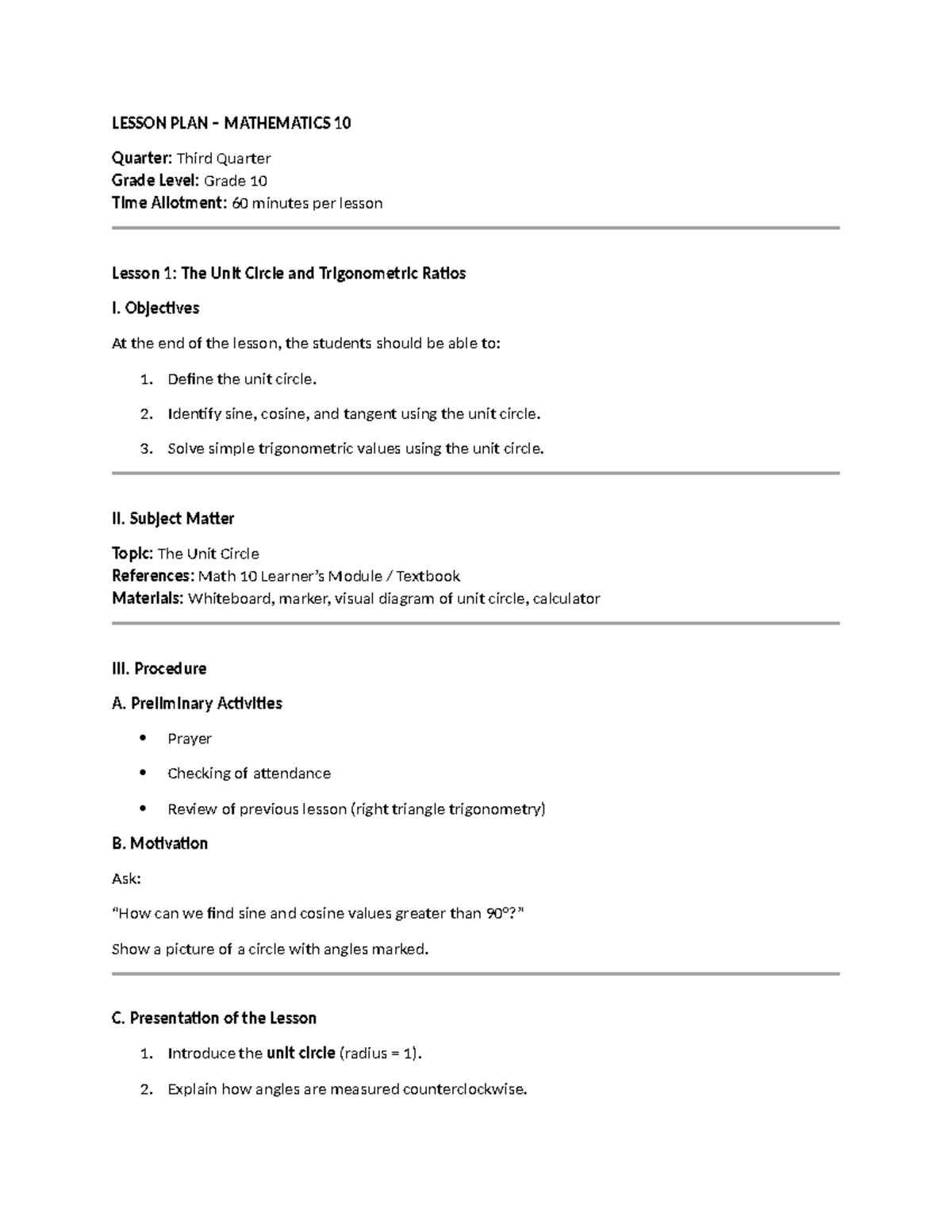 Lesson Plan: Unit Circle & Trigonometric Ratios - Math 10 - Studocu