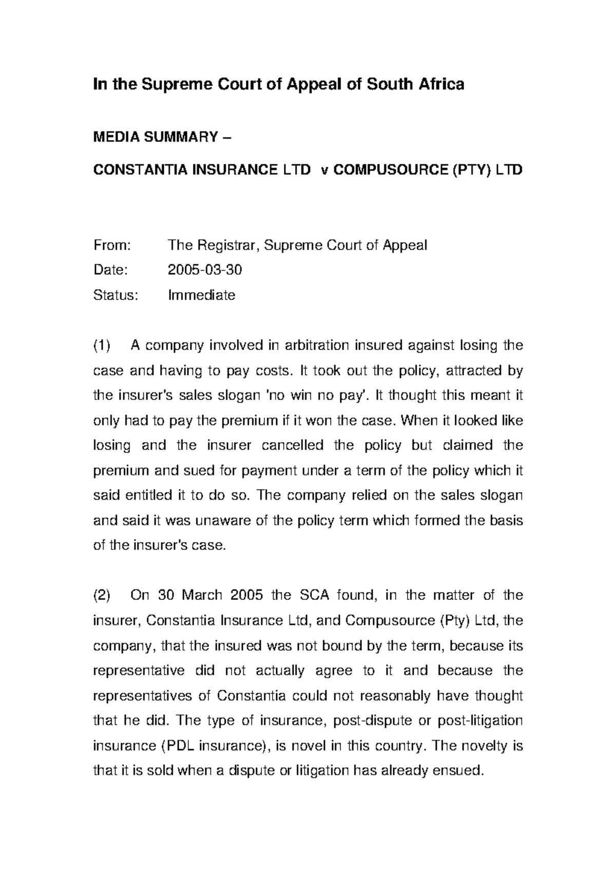 SCA Case Summary: Constantia Ins. Ltd v Compusource (PTY) Ltd - Studocu