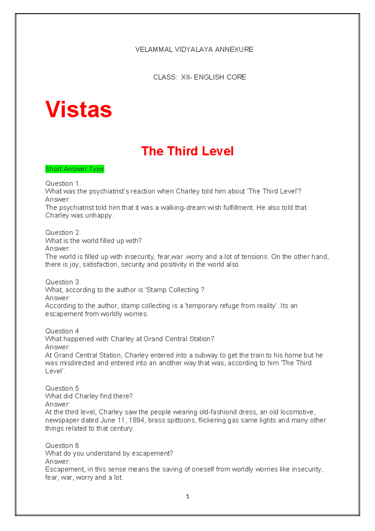 Vistas - VELAMMAL VIDYALAYA ANNEXURE CLASS: XII- ENGLISH CORE Vistas ...