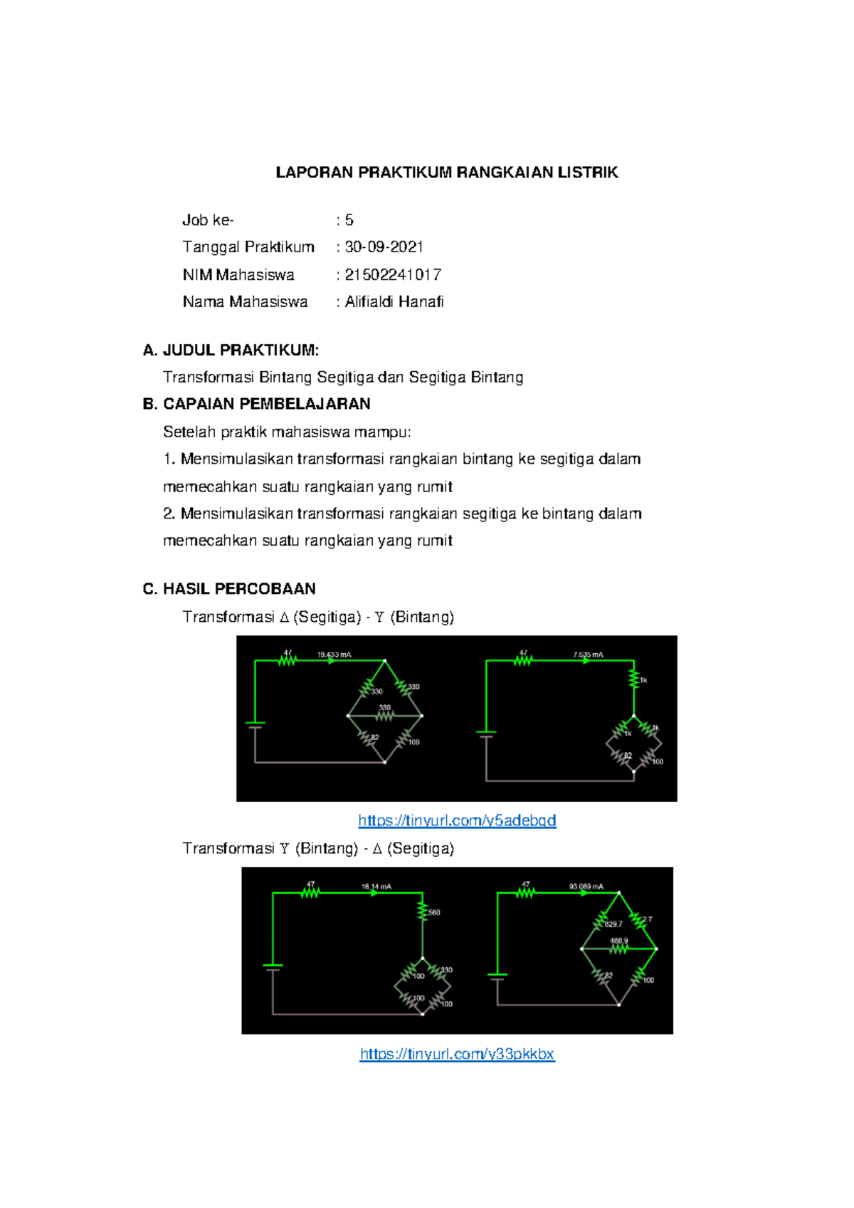 Laporan Praktikum Rangkaian Listrik: Transformasi Bintang & Segitiga - Studocu