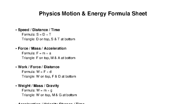 Physics Formula Sheet: Motion, Energy, and Units Overview - Studocu