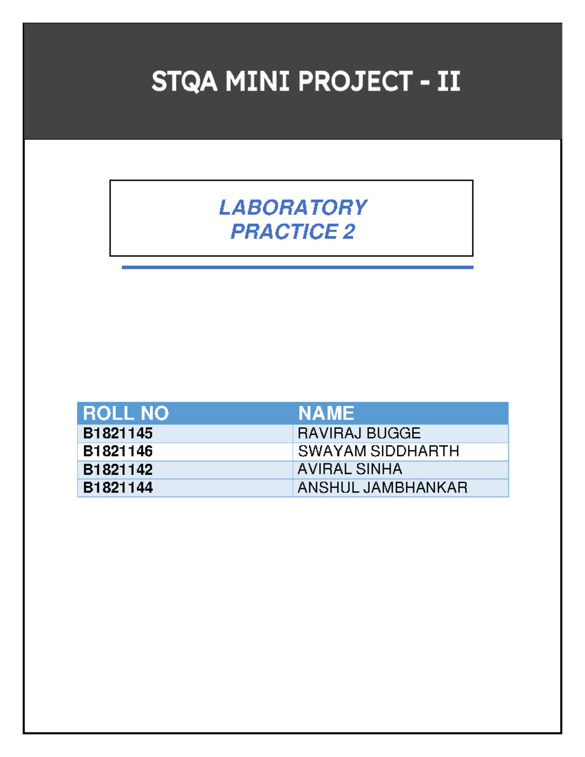 STQA Project 2 - vrewb vr - LABORATORY PRACTICE 2 ROLL NO NAME B1821145 RAVIRAJ BUGGE B1821146 ...