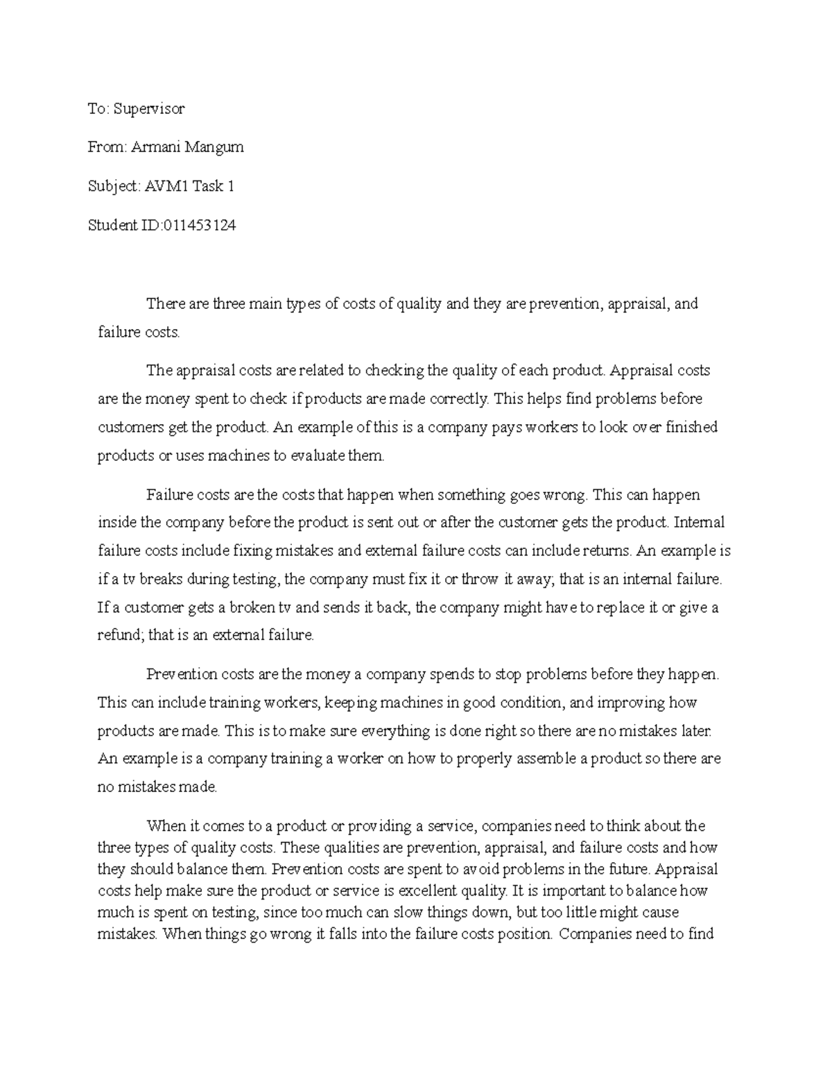 AVM1 Task 1: Understanding Costs of Quality in Business - Studocu