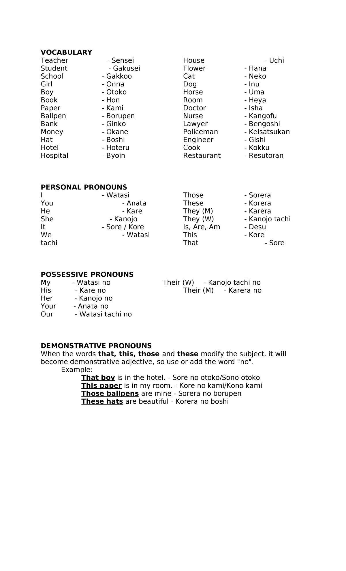Vocabularies and Pronouns for Japanese Language Learning - Studocu