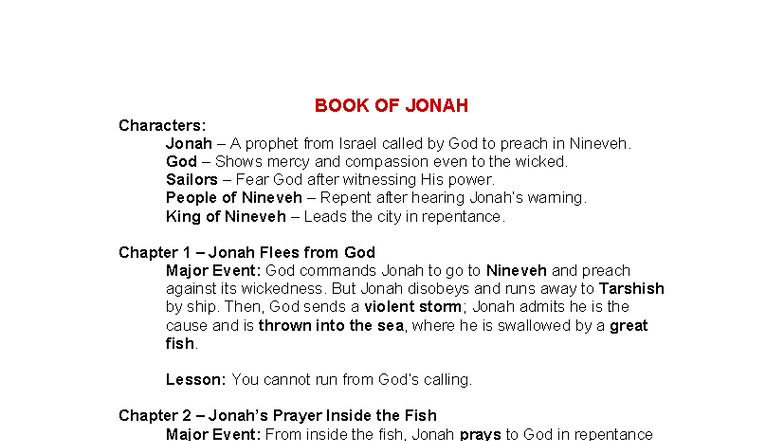BOOK OF JONAH & MICAH: Key Characters & Lessons (BIBL 101) - Studocu