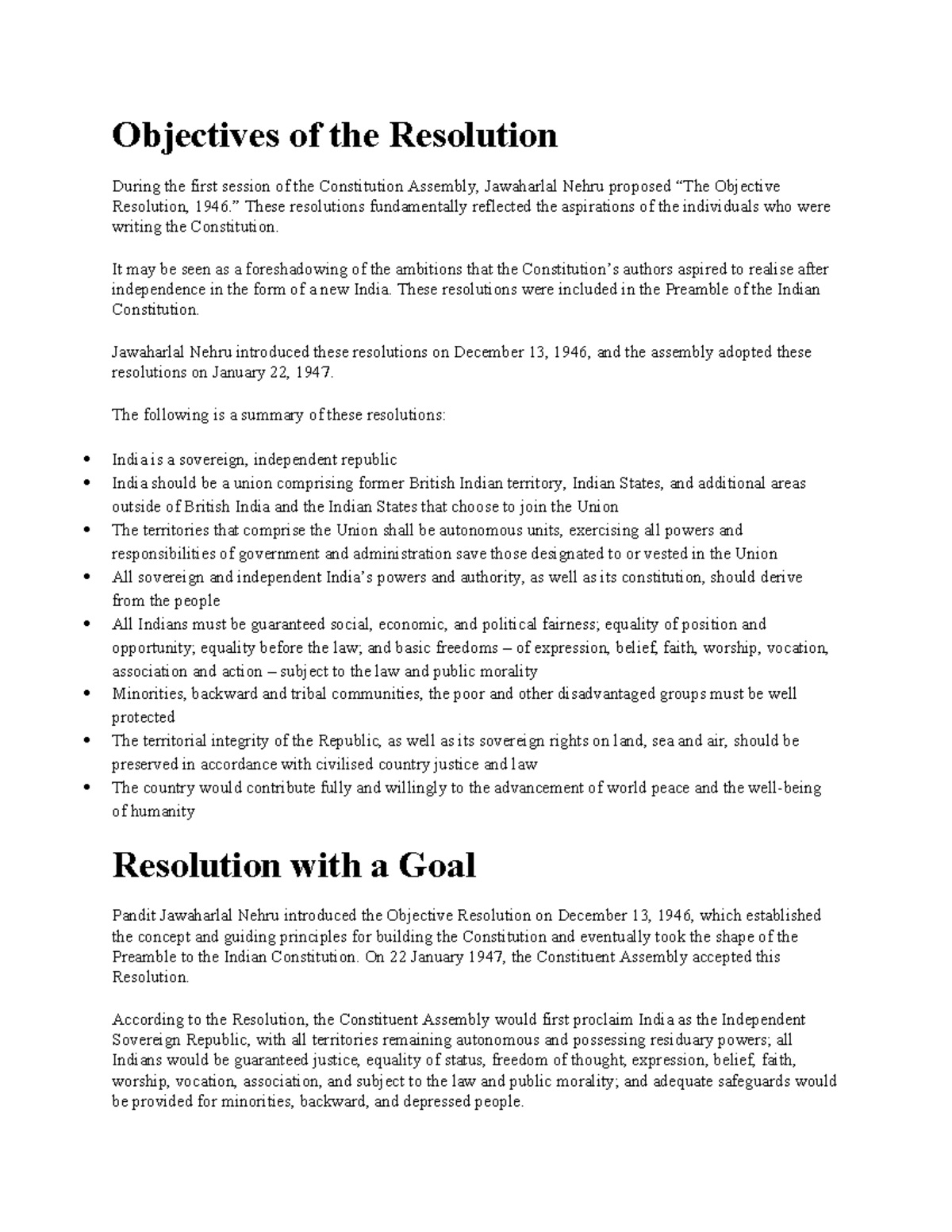 Objective Resolution - important - Objectives of the Resolution During ...