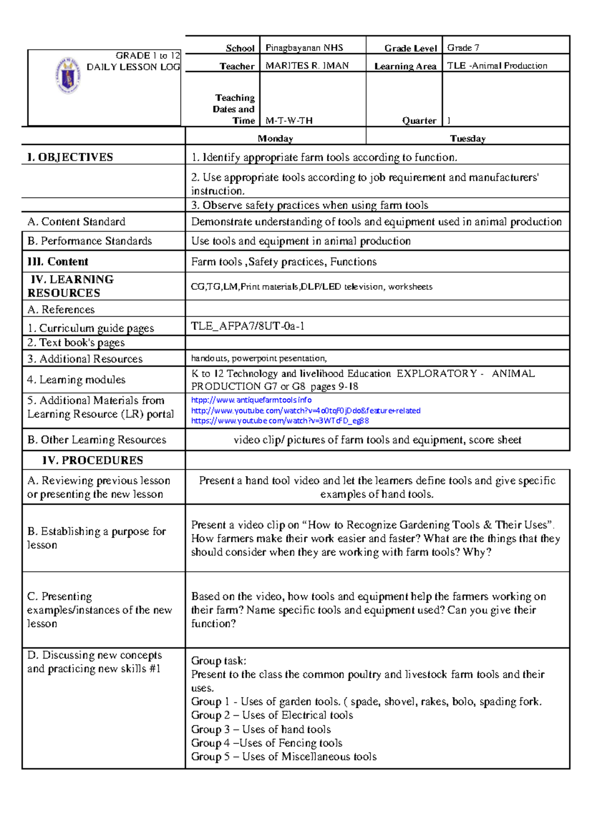 Pdfcoffee - TLE - GRADE 1 to 12 DAILY LESSON LOG School Pinagbayanan ...