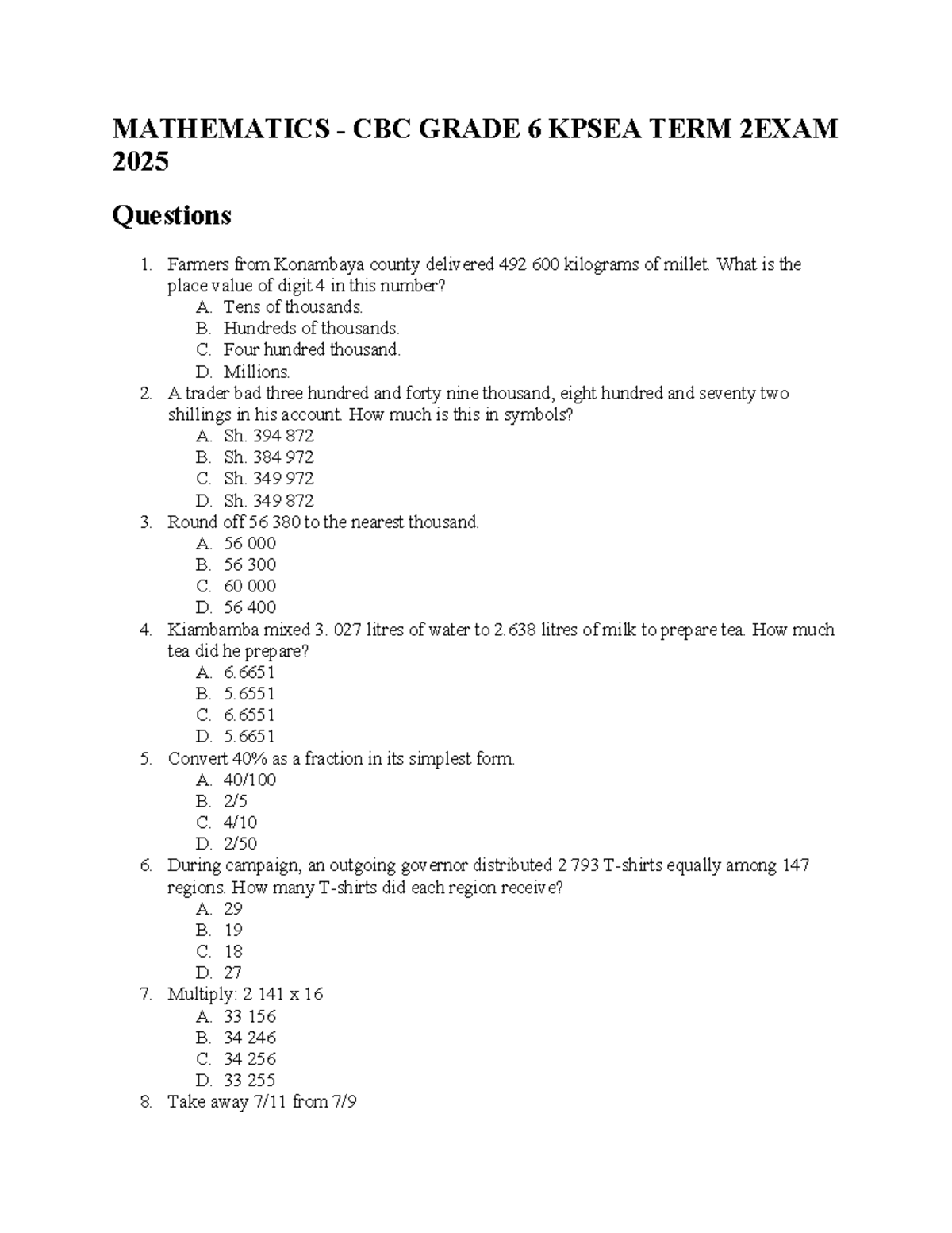 MATHEMATICS CBC GRADE 6 KPSEA TERM 2 EXAM 2025 Questions - Studocu