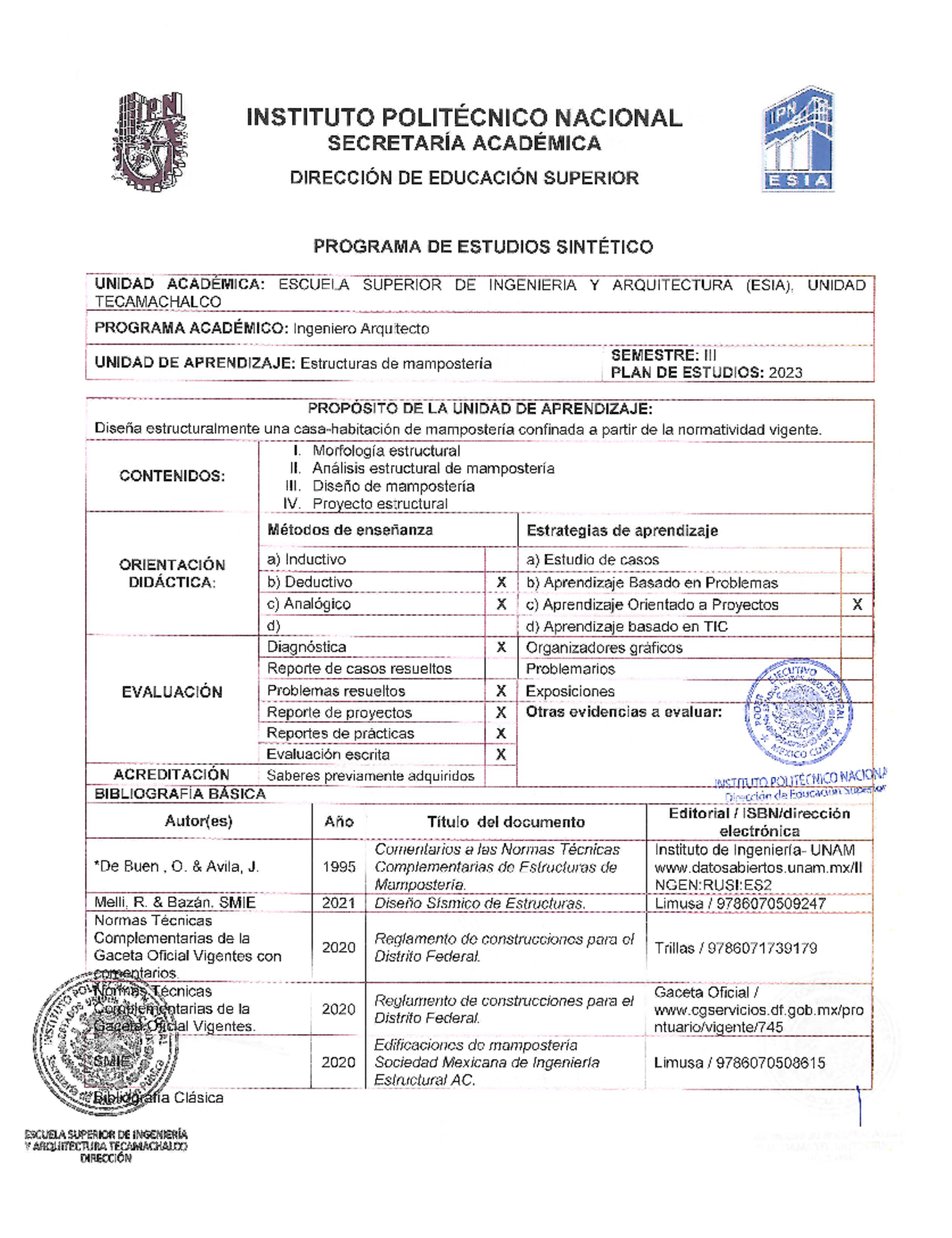 Programa Académico de Estructuras de Mampostería - IPN ESIA 2023 - Studocu