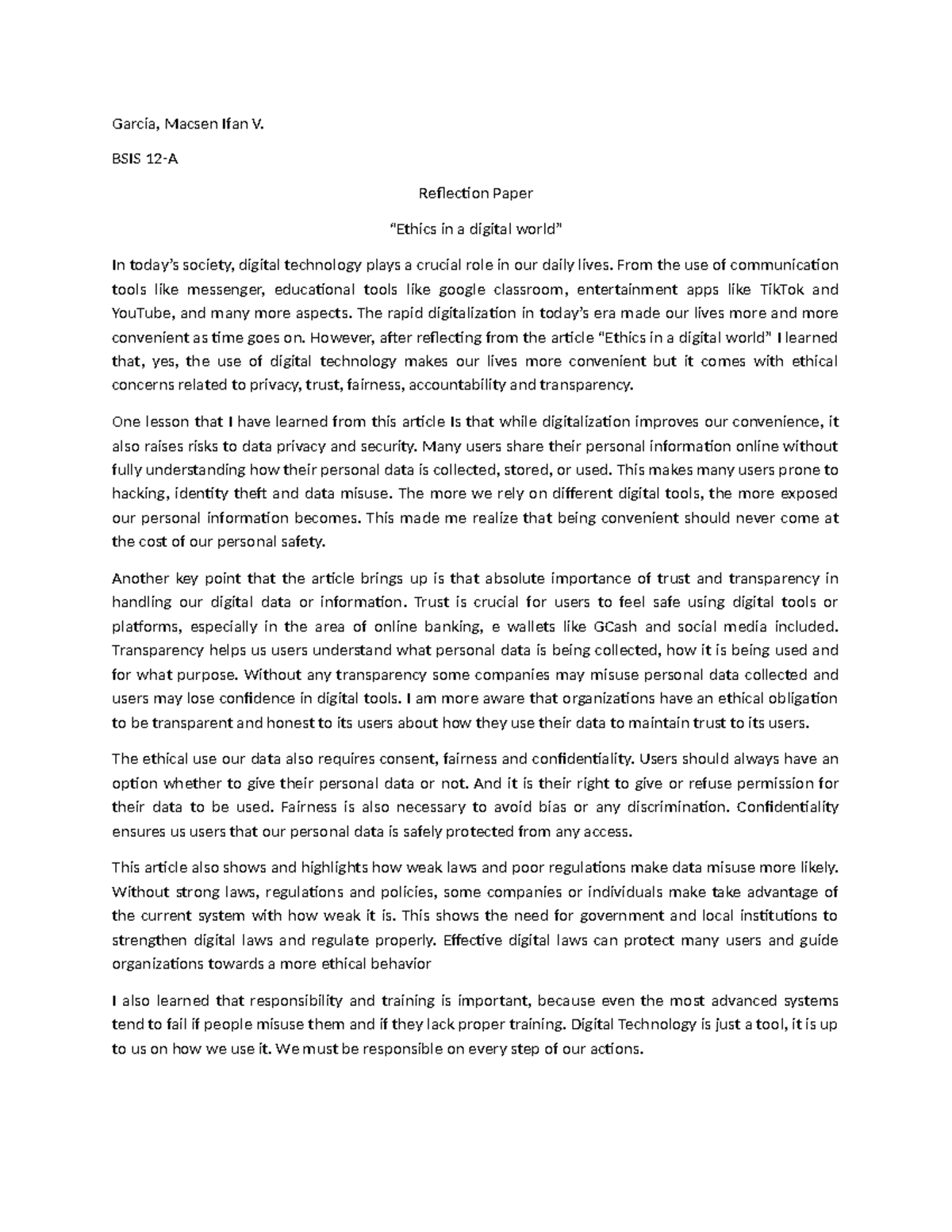 BSIS Reflection Paper: Ethical Implications of Digital Technology - Studocu