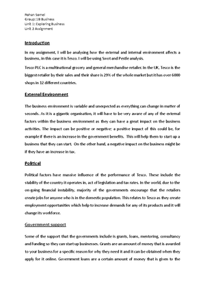 Learning Aim E Unit 1 P7 - done - Unit 1: Exploring Business Learning ...