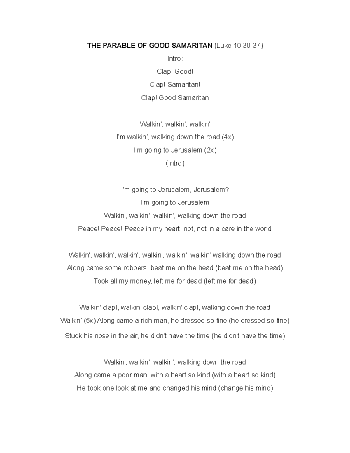 Jazz Chant: The Good Samaritan Parable (Luke 10:30-37) - Studocu