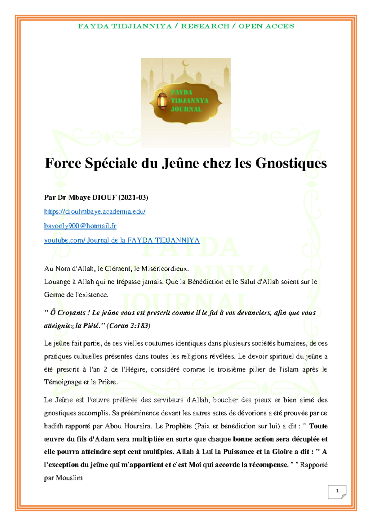 Force Spéciale du Jeûne chez les Gnostiques - FAYDA TIDJIANNIYA - Studocu