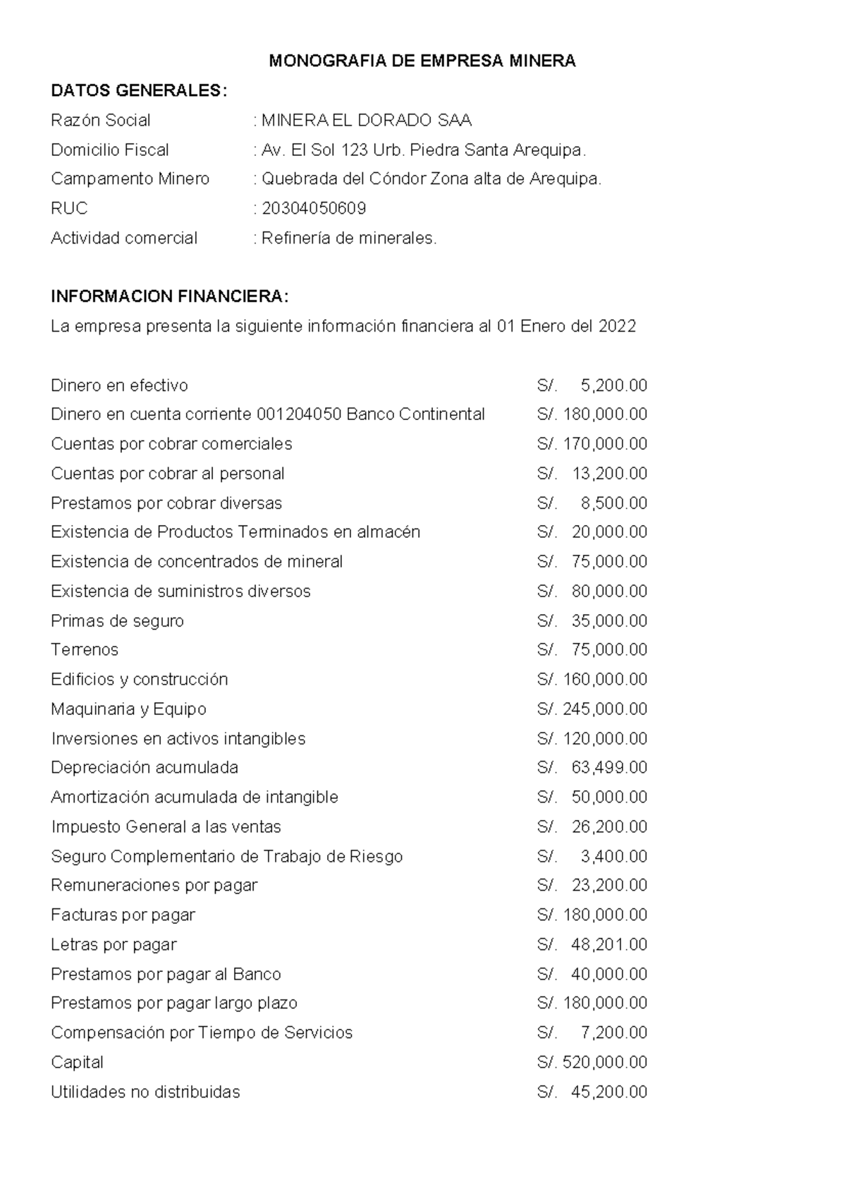 CASO Práctico: Análisis Financiero de MINERA EL DORADO SAA - Studocu