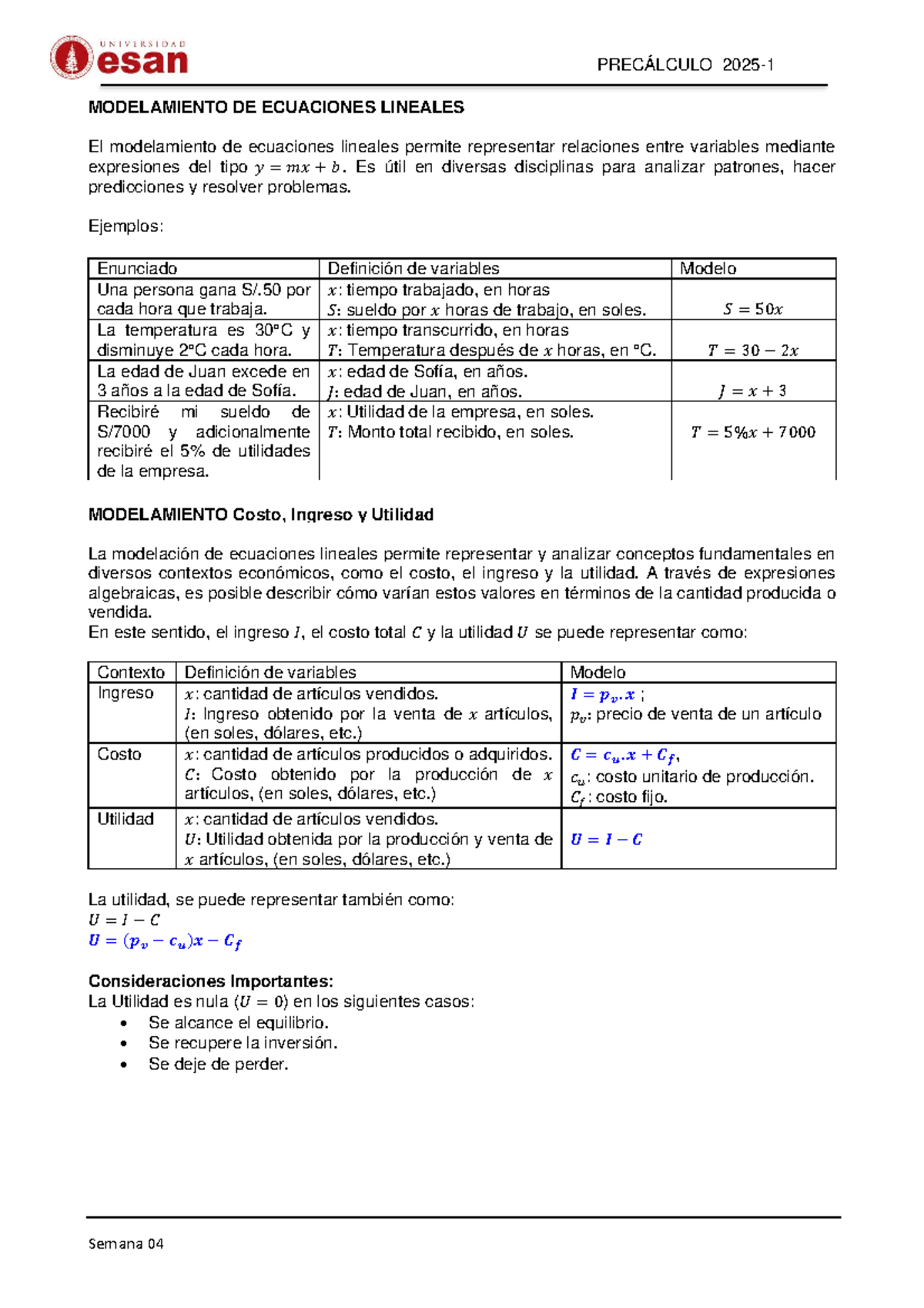Ejercicios de Modelamiento de Ecuaciones Lineales - PRECALCULO Semana 4 ...