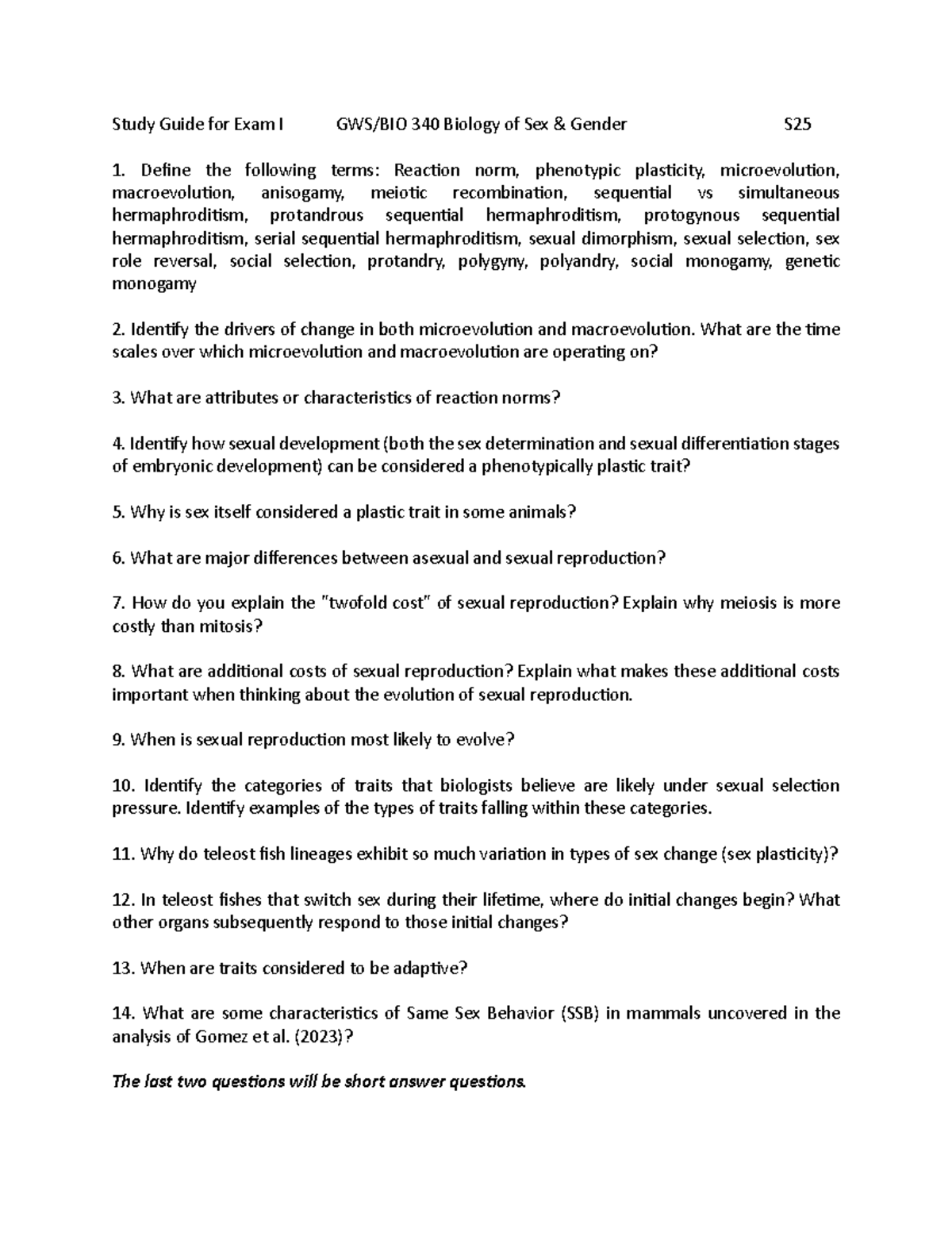 Study Guide for GWS/BIO 340 Exam I: Biology of Sex & Gender Concepts ...