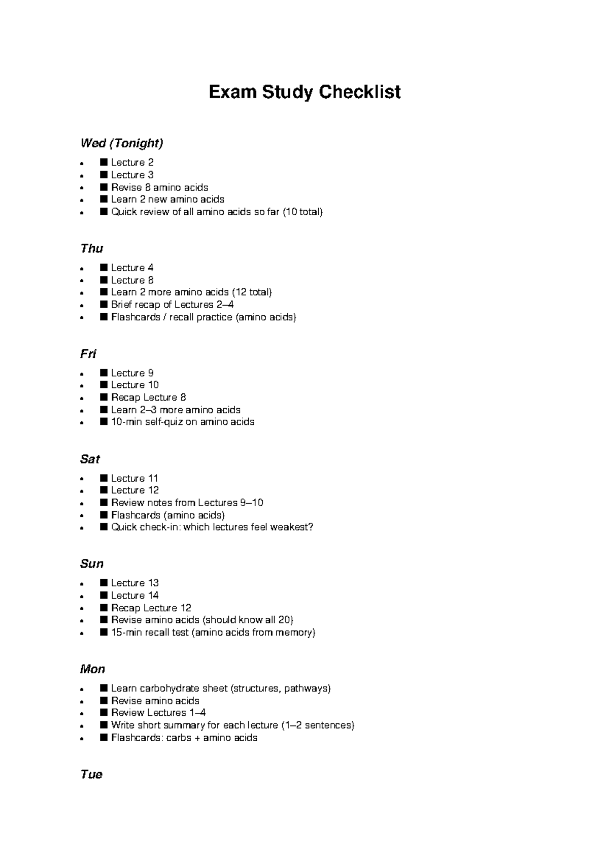 Exam Study Checklist: Amino Acids & Carbohydrates Review - Studocu