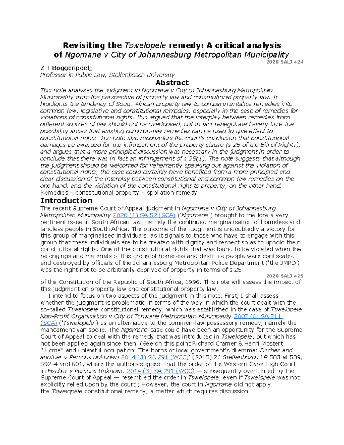 Critical Analysis of Ngomane v City of Johannesburg: Property Law ...