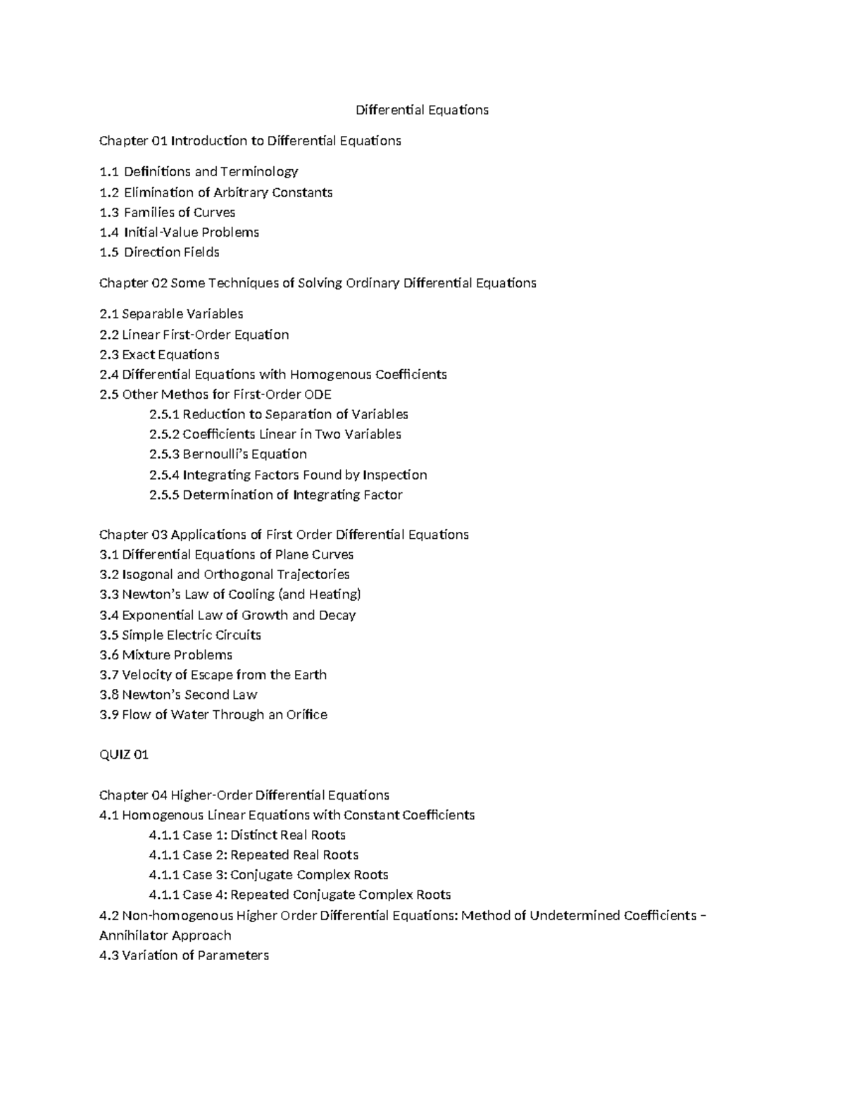 Differential Equations Syllabus: Chapters 1-4 Overview and Topics - Studocu