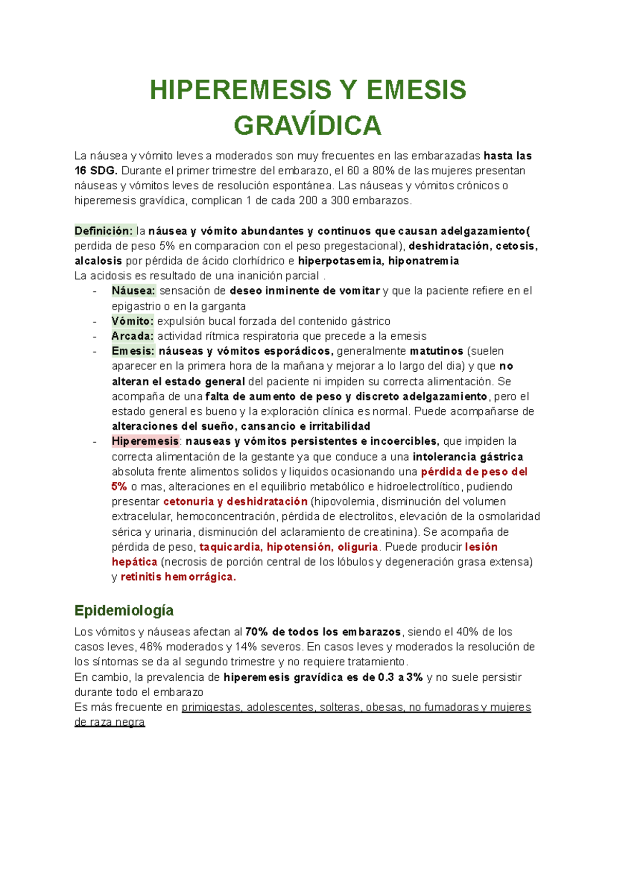 Hiperemesis Gravidica: Definición, Epidemiología y Tratamiento - Studocu