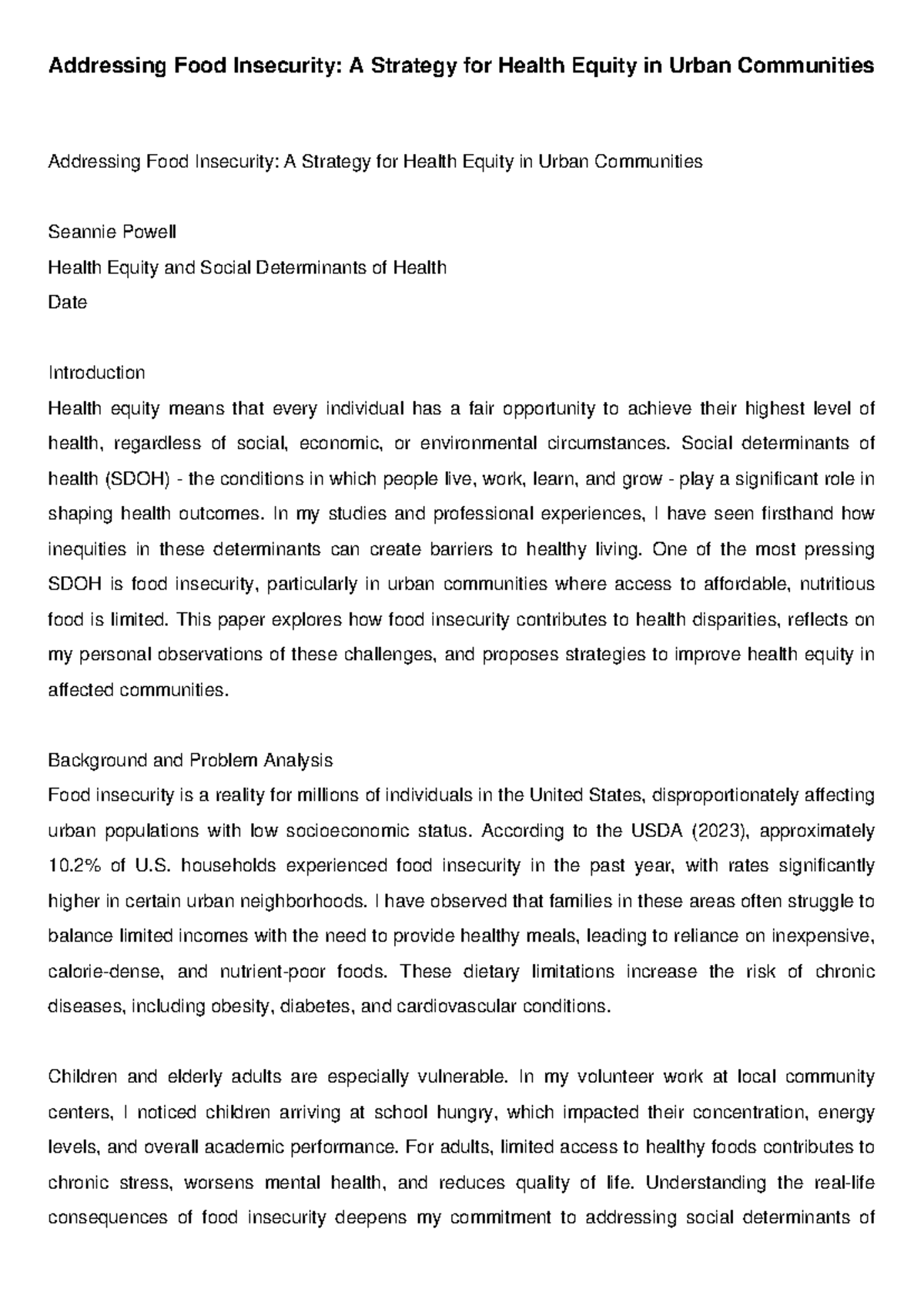 Health Equity and Food Insecurity: Strategies for Urban Communities ...