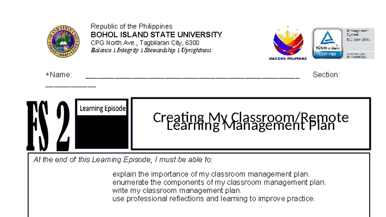 FS 2 Episode 9: Creating My Classroom Management Plan - Studocu