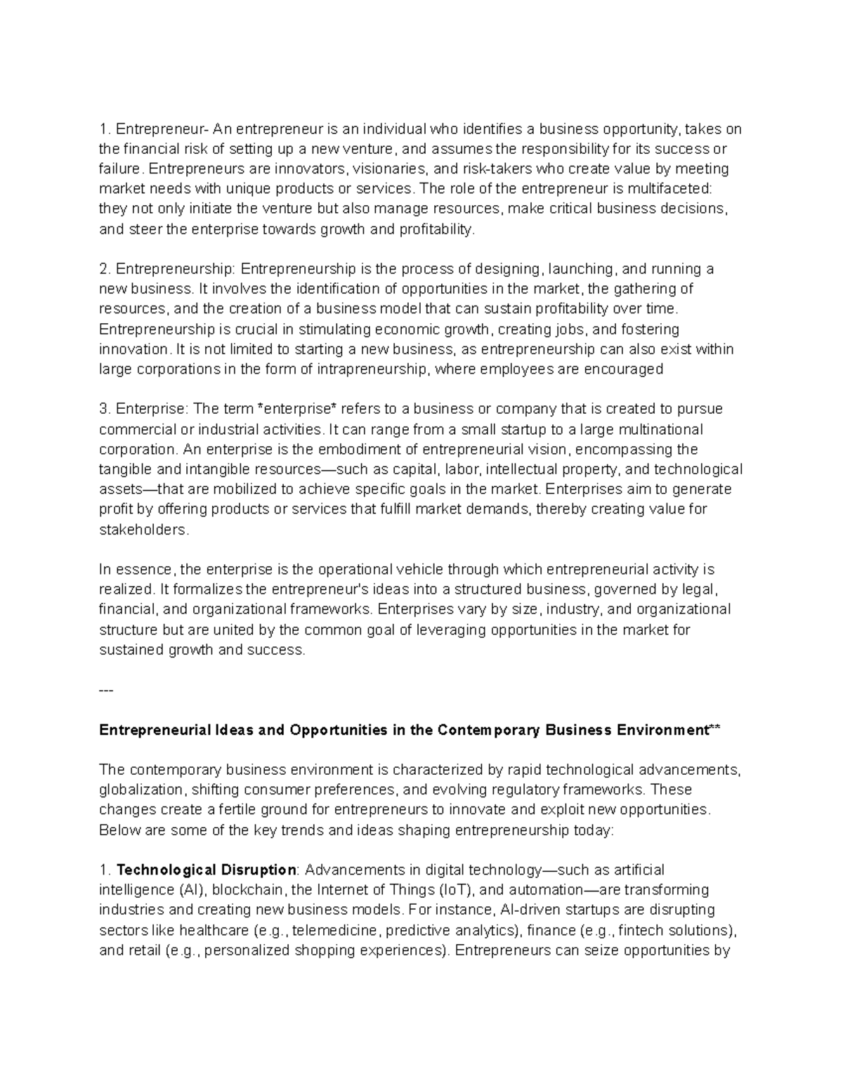 Unit 1 - Notes on Entrepreneurship Essentials and Trends - Studocu