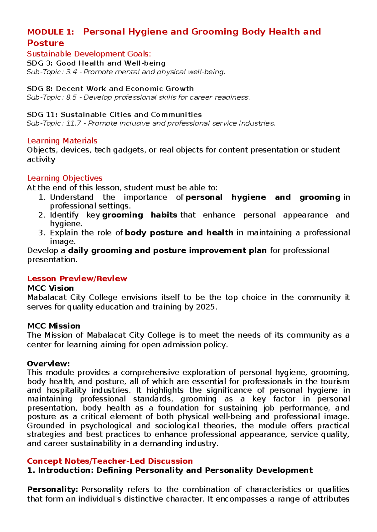 MCC Module 1: Personal Hygiene, Grooming & Body Health in Tourism - Studocu