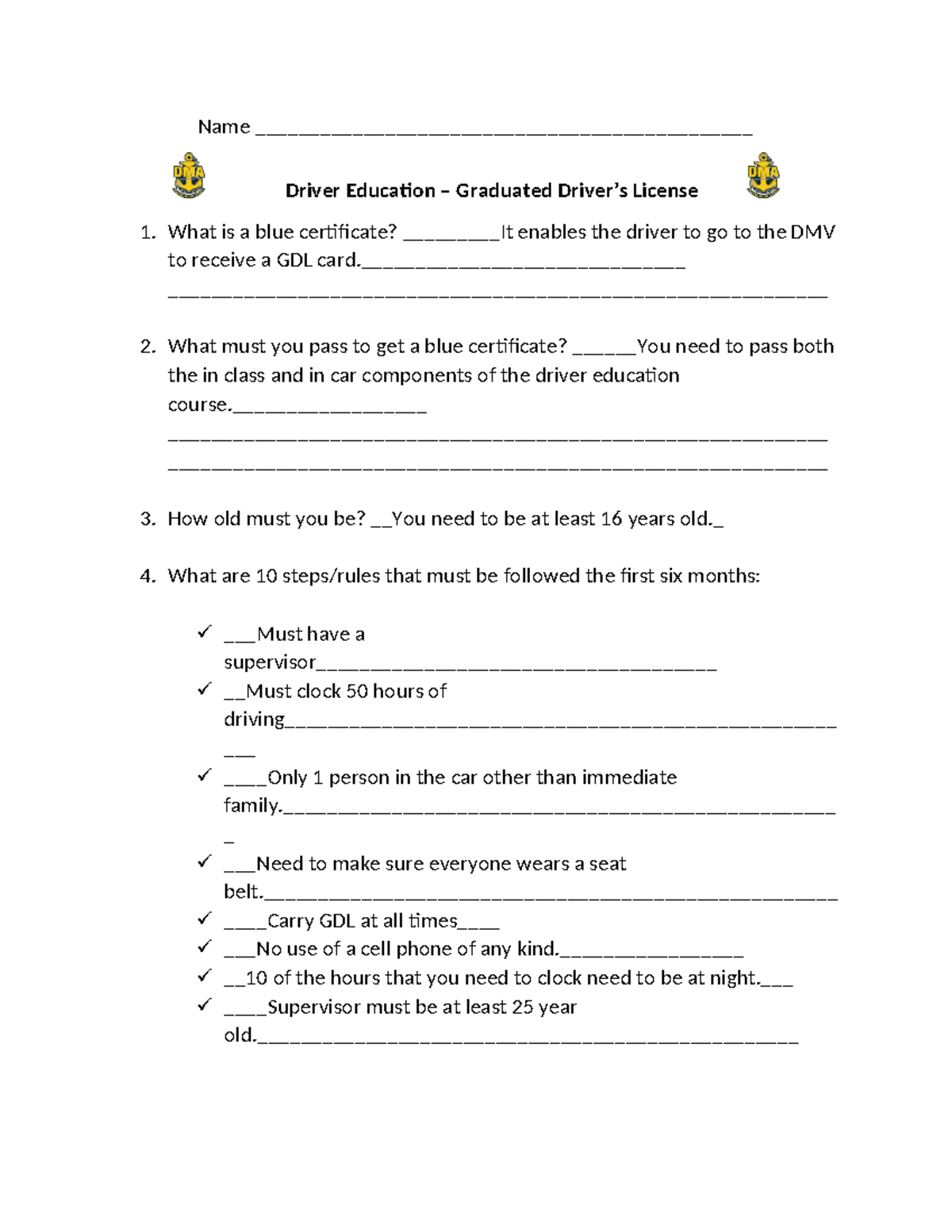 Graduated Drivers License worksheet - Name