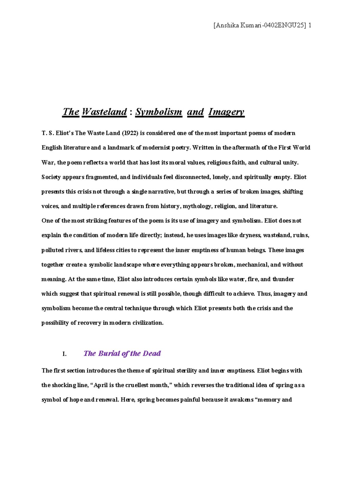 1 The Wasteland: Symbolism and Imagery Analysis (ENG 101) - Studocu