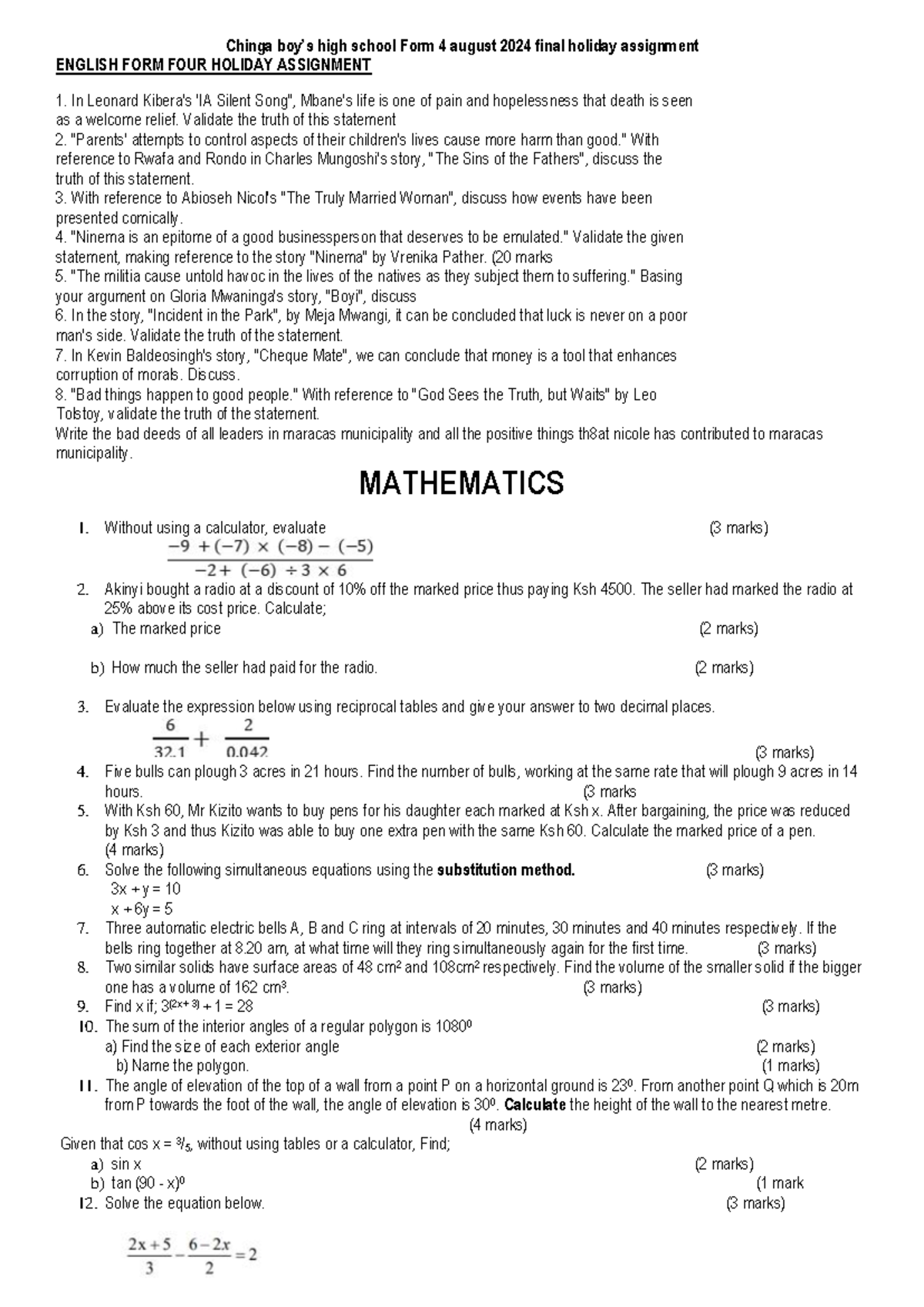 CBHS FORM 4 Holiday Assignment August 2024 - Chinga boy’s high school ...