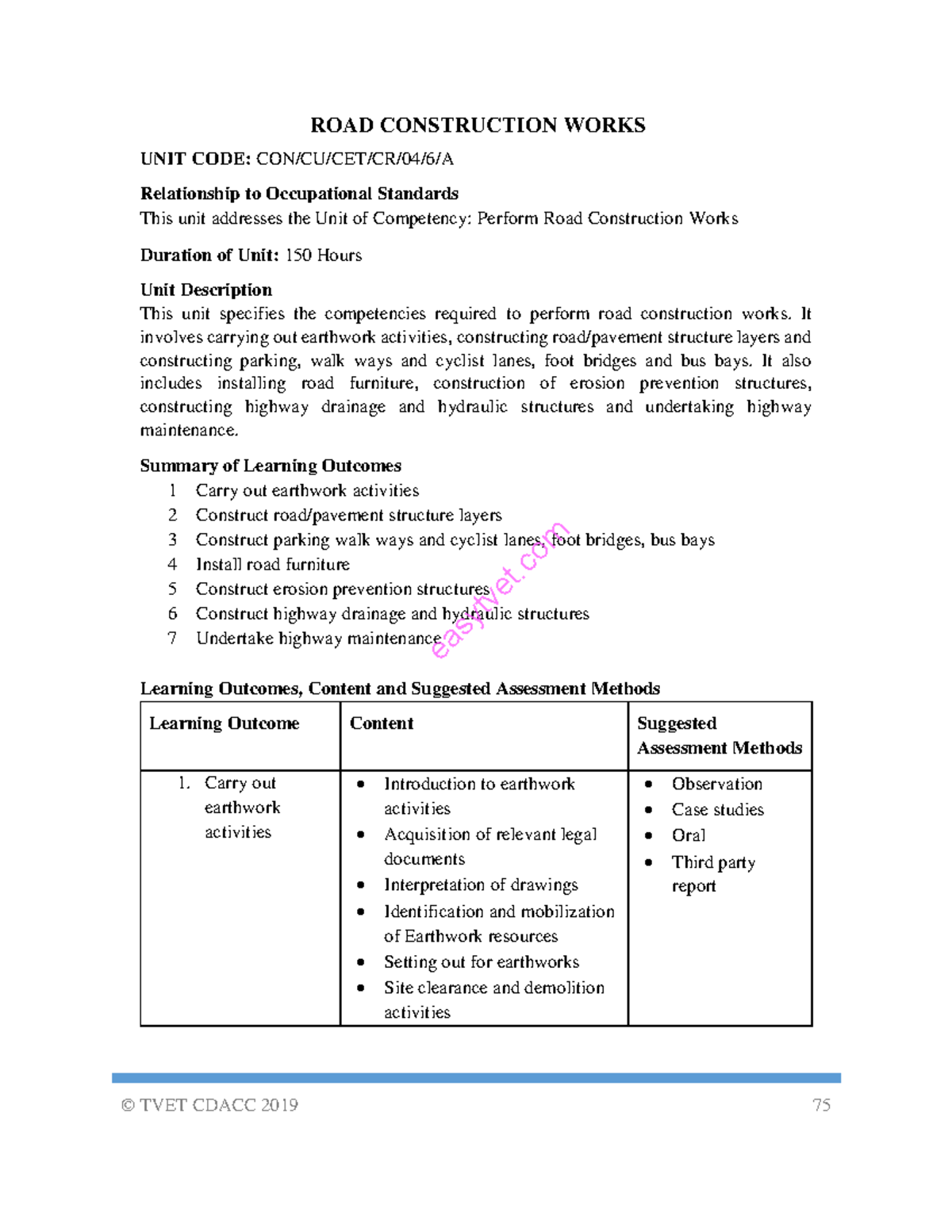 Road Construction Works Curriculum Outline: Unit Code & Competencies ...