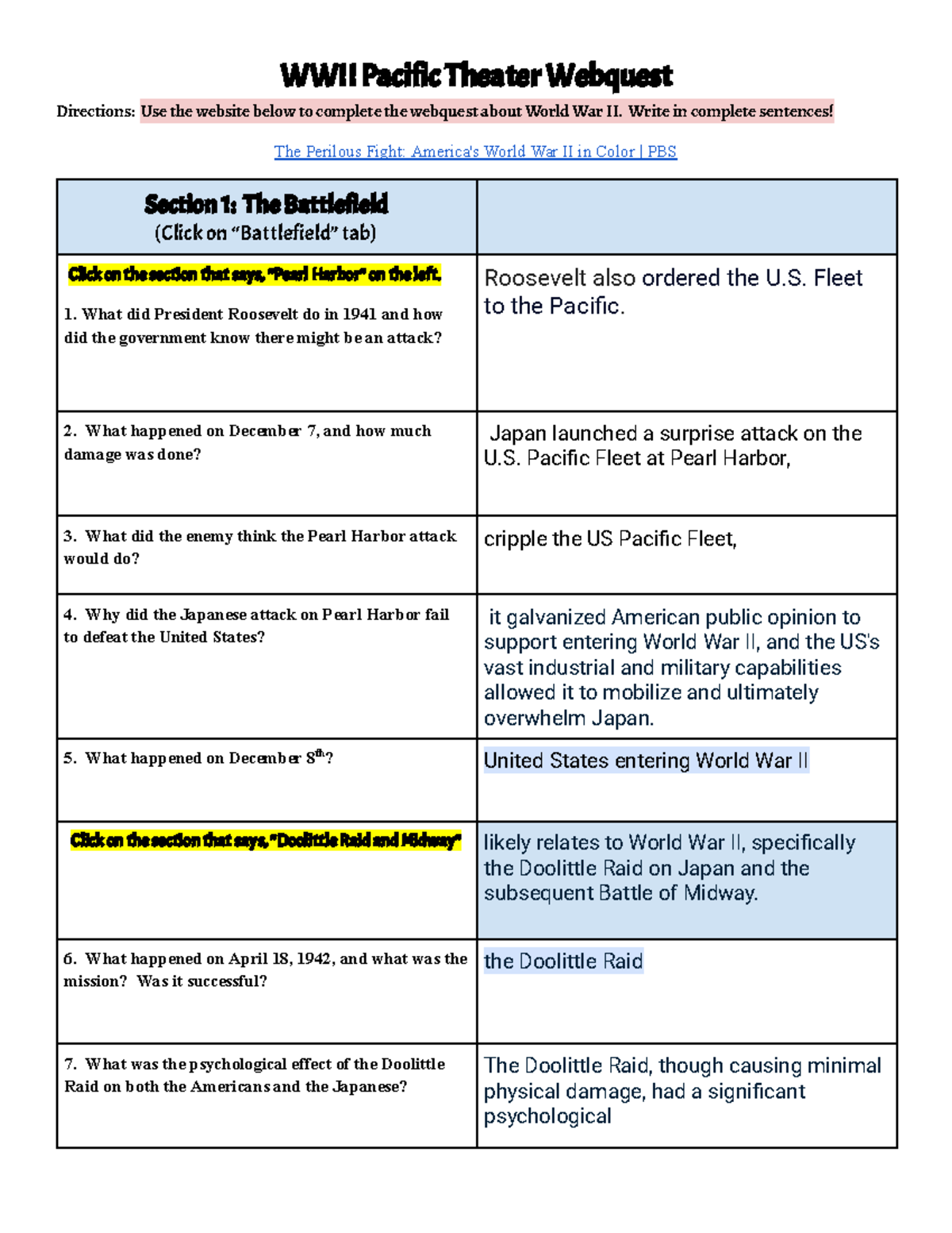 Copy of WWII Pacific Theater Webquest - WWII Pacific Theater Webquest ...