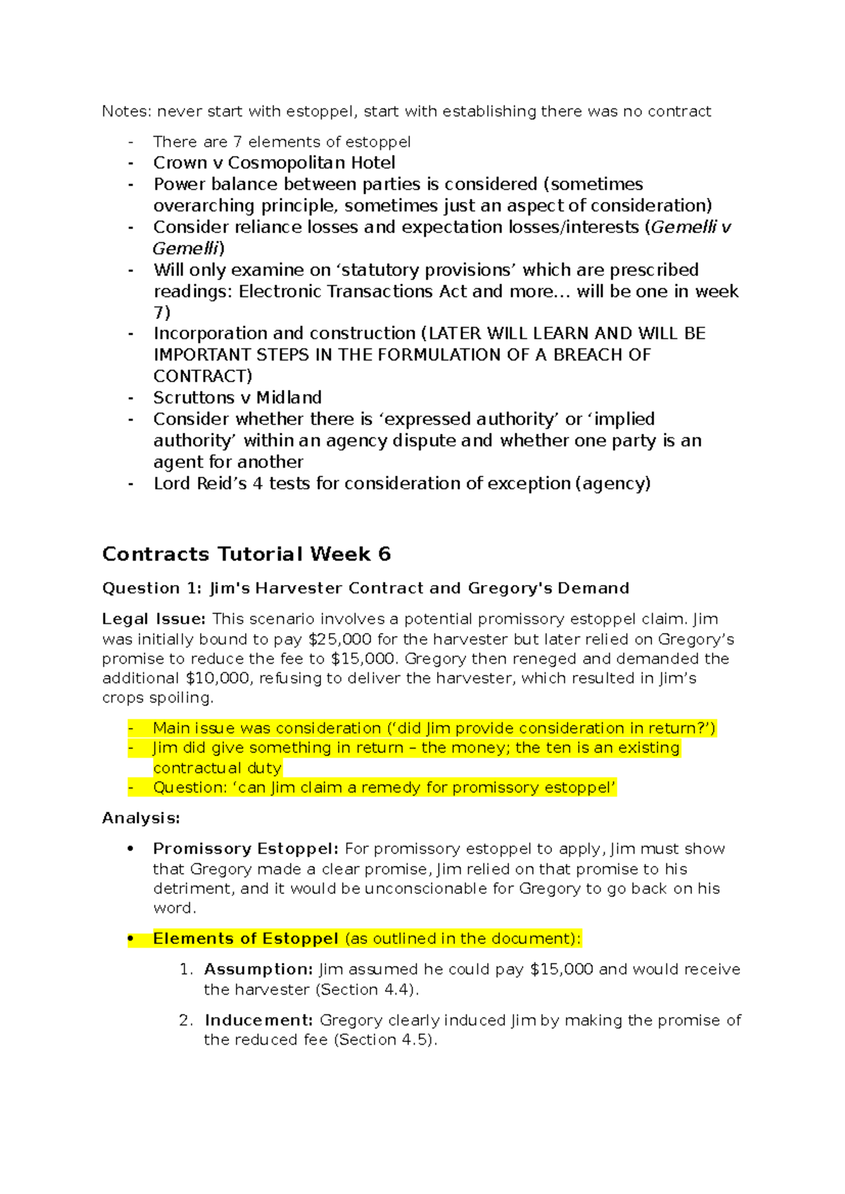 Contracts Tutorial Week 6 - Notes: never start with estoppel, start ...