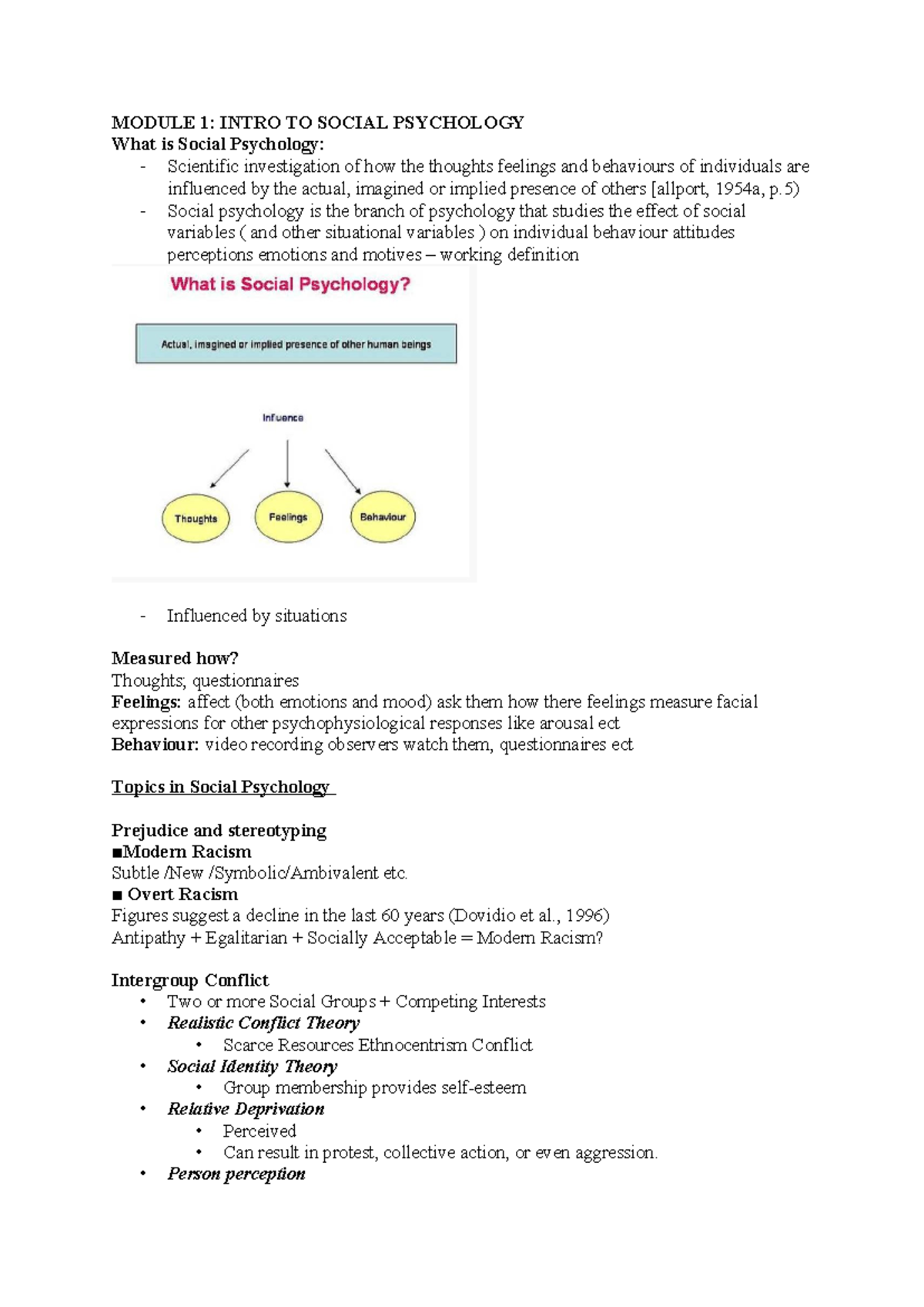 Notes - MODULE 1: INTRO TO SOCIAL PSYCHOLOGY What is Social Psychology ...